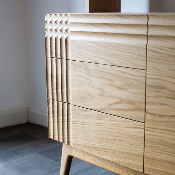 Solid oak sideboard with fluted front and shelves - Nick James Design