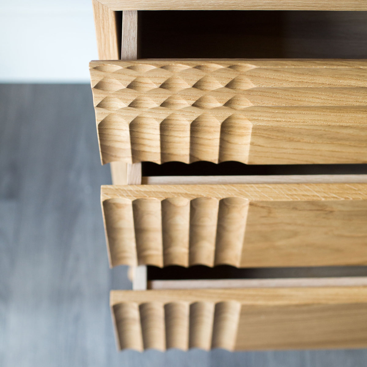 Solid oak sideboard with fluted front and shelves - Nick James Design