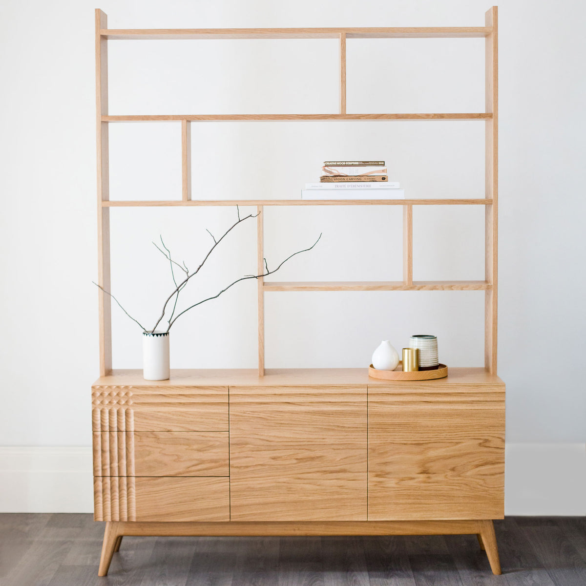 Solid oak sideboard with fluted front and shelves - Nick James Design